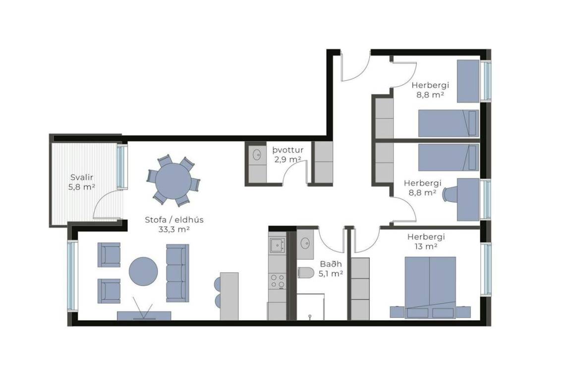 100 M² Appartement ∙ 2 Slaapkamers ∙ 4 Gasten - Reykjavik